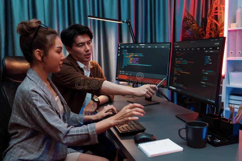 It Developers Discussing with Point Website Coding System. Infobahn. Stock Photo - Image of ...