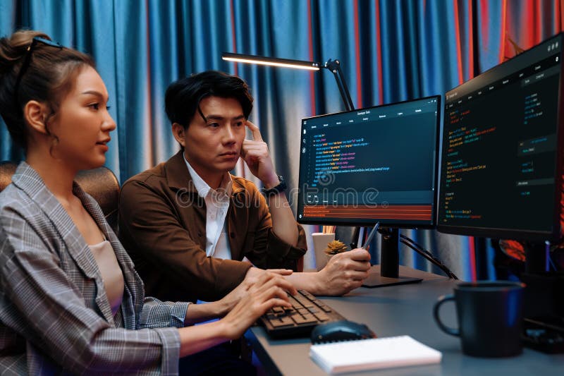 It Developers Discussing with Point Website Coding System. Infobahn. Stock Photo - Image of ...