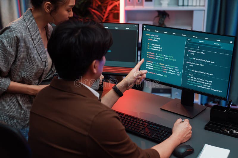 It Developers Discussing with Point Website Coding System. Infobahn. Stock Image - Image of ...