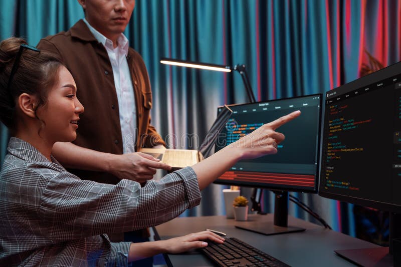 It Developers Discussing with Point Website Coding System. Infobahn. Stock Photo - Image of ...