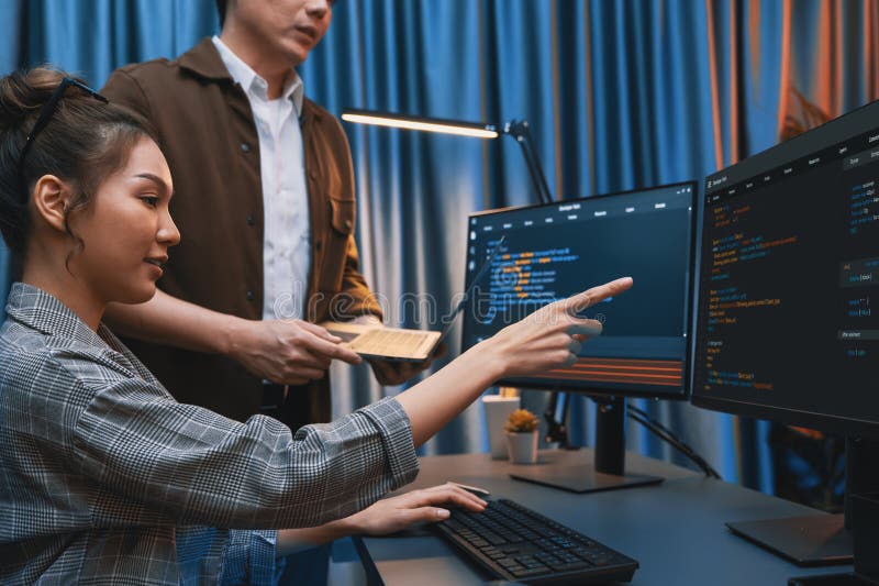 It Developers Discussing with Point Website Coding System. Infobahn. Stock Photo - Image of ...