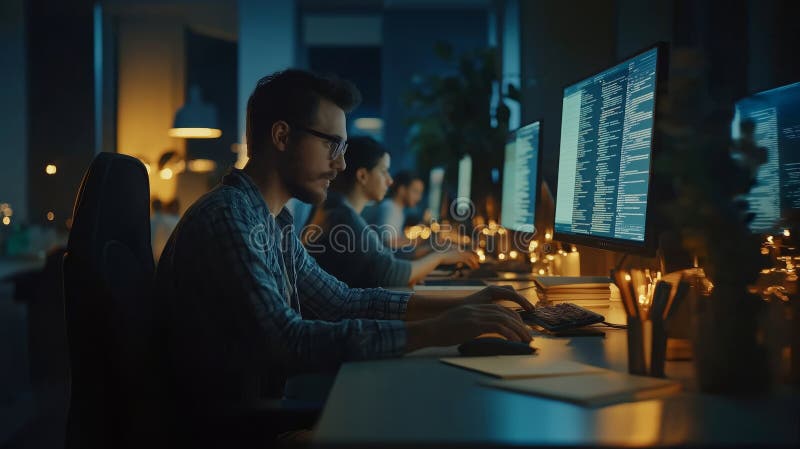 Developers Working Late at Night in a Modern Office Environment on ...