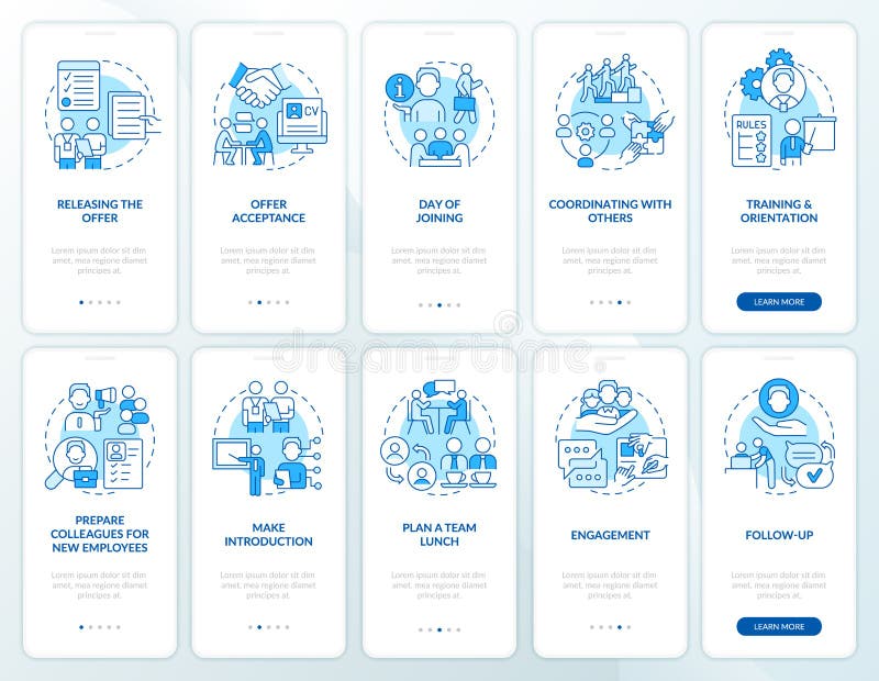 Developing Employee Integration Blue Onboarding Mobile App Screen Set ...