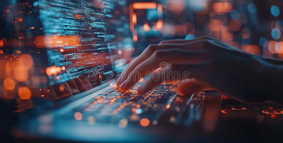 Developing Javascript on a Virtual Screen As a Coder Works with Circuit Boards and a Laptop ...