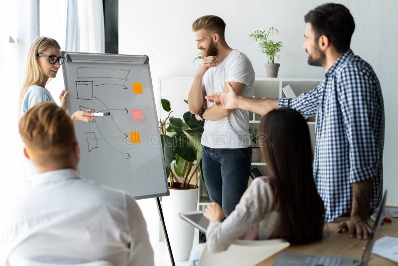 Developing New Strategy. Two Young Colleagues Conducting Presentation ...