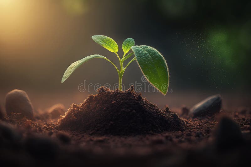 Developing Plant, Young Plant with Ground Backdrop and Dawn Light, New ...