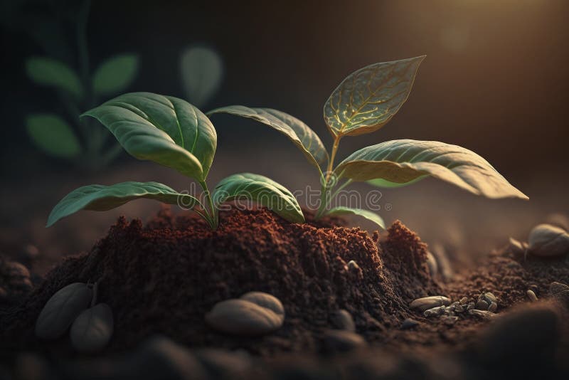 Developing Plant, Young Plant with a Ground Backdrop and Dawn Light ...