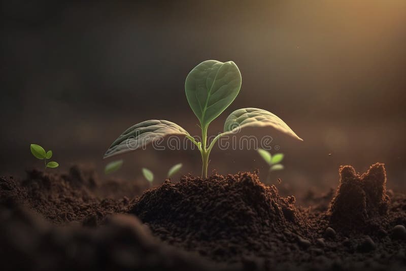Developing Plant, Young Plant with a Ground Backdrop and Dawn Light ...