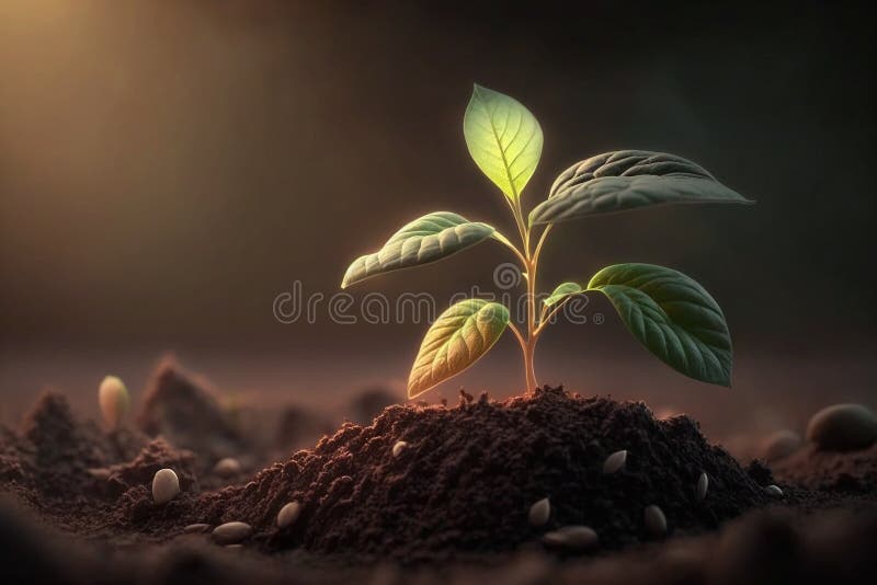 Developing Plant, Young Plant with a Ground Backdrop and Dawn Light ...