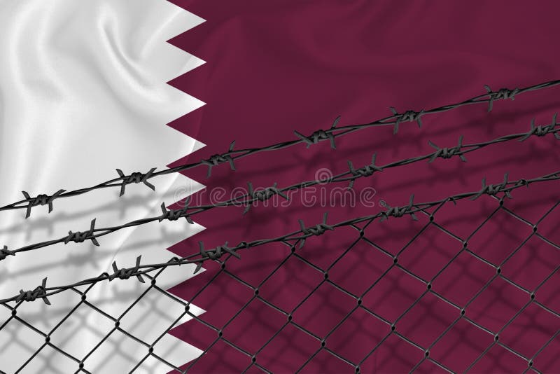 Developing Qatar Flag, Mesh Fence and Barbed Wire. Concept of Isolation ...