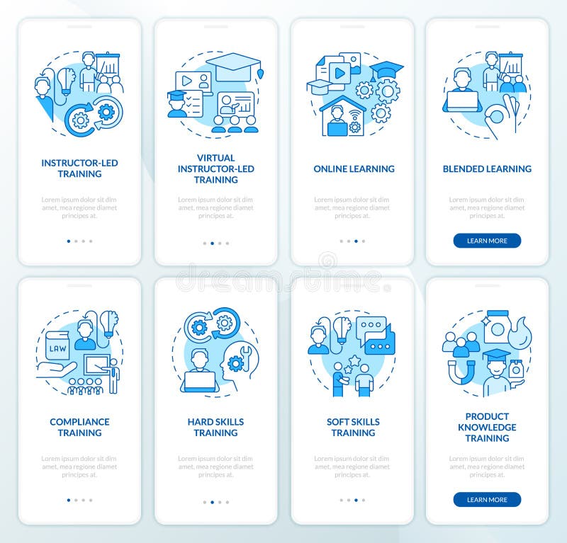 Developing Training Programs Blue Onboarding Mobile App Screen Set ...