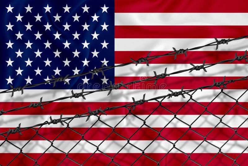 Developing US Flag, Mesh Fence and Barbed Wire. Concept of Isolation of ...