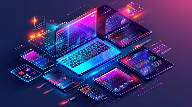 Developing Websites Cross-platform. Isometric Concept Illustration on ...