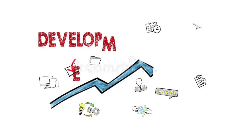 DEVELOPMENT. Blue Arrow with Icons Around on the White Background Stock ...