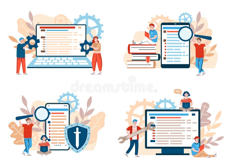 Code Testing Banners Set for Software Programing, Cartoon Vector ...