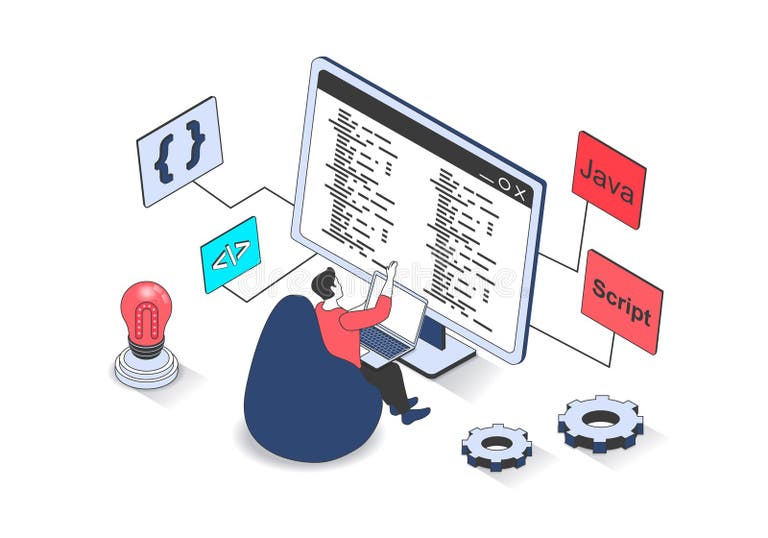 Development 3d Isometric Concept with Isometry People Design for Web. Man Working with ...