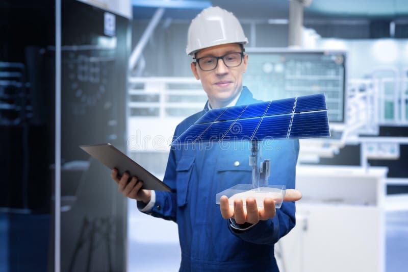 Development Engineer Holds in His Hands a Model of a Solar Panel Stock ...