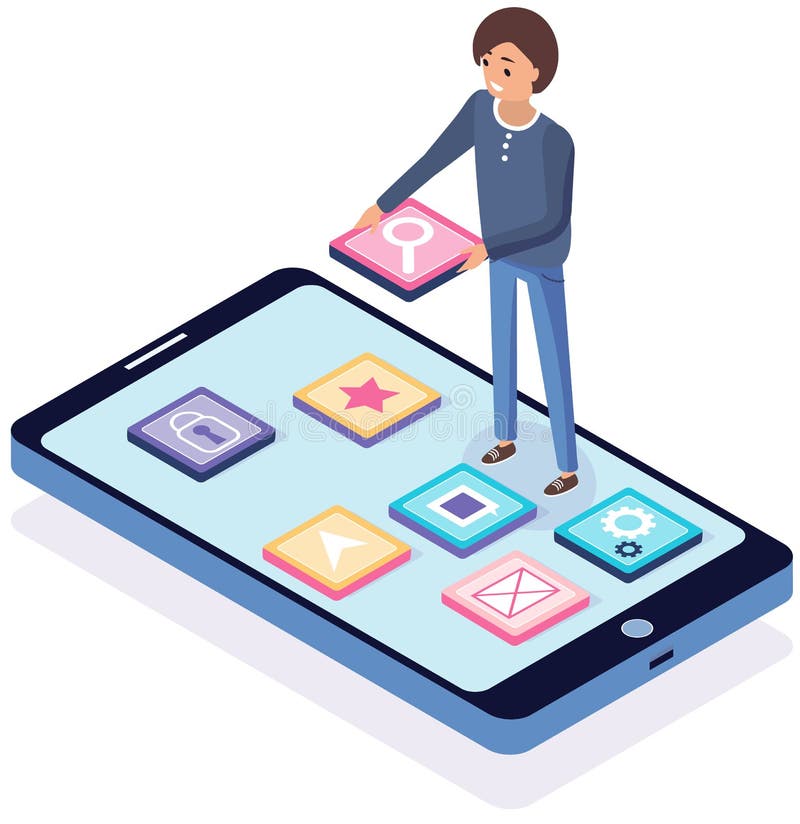 Man Near Phone Working with Application Icons Layout on Screen ...