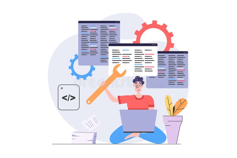 Development And Programming Concept In Modern Flat Design For Web Programmer Working At Laptop