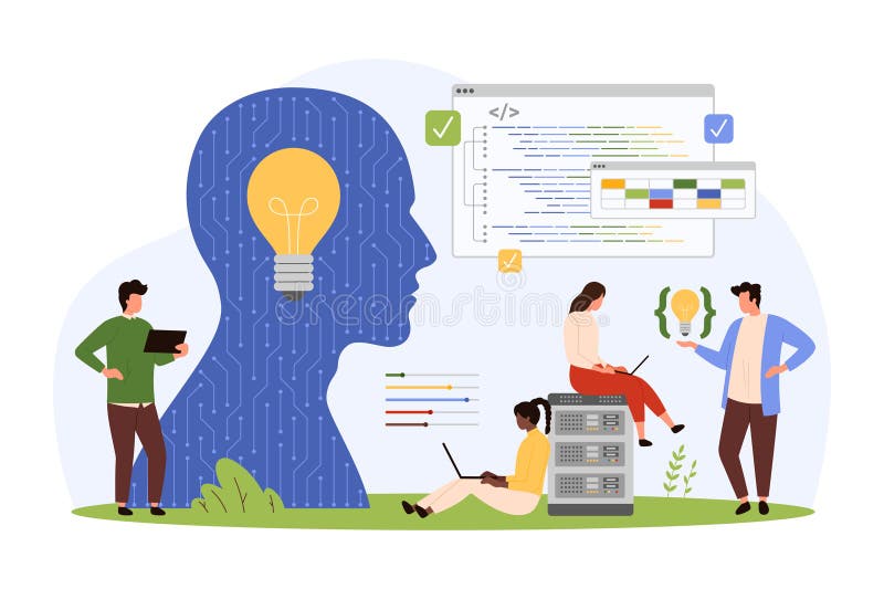 Development of Software Code by Artificial Intelligence, Teamwork of Tiny People and AI Stock ...