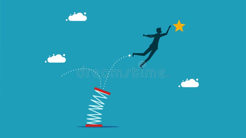 Development To Achieve Success. Businesswoman Jumps on a High Spring To ...