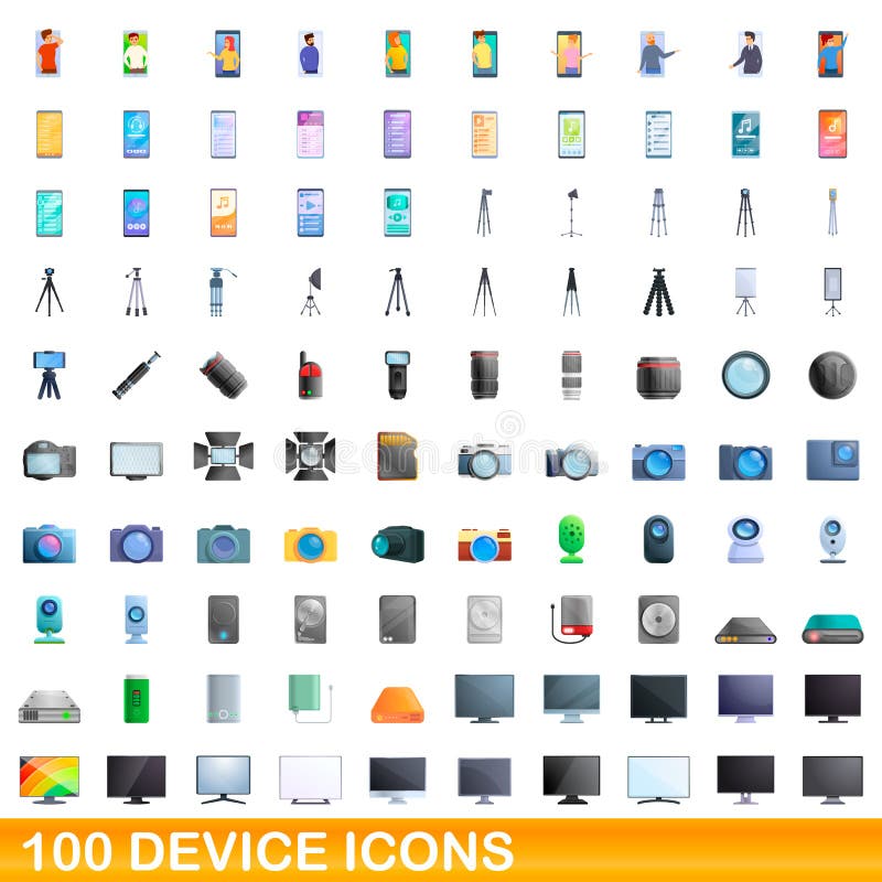 100 Device Icons Set, Cartoon Style Stock Illustration - Illustration ...