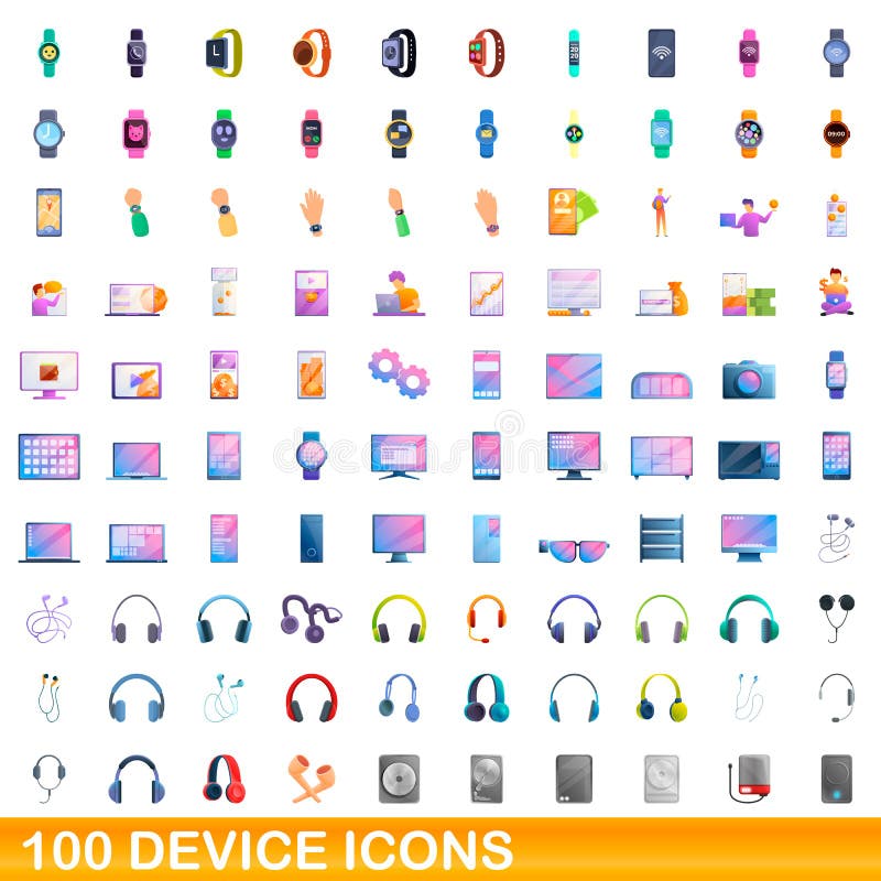 100 Device Icons Set, Cartoon Style Stock Vector - Illustration of ...