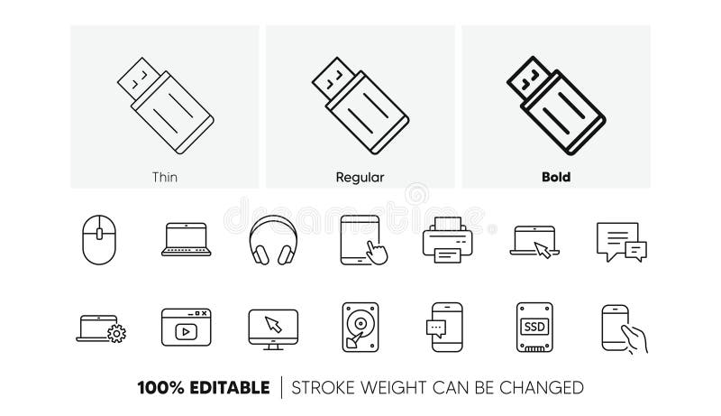 Device Line Icons. Laptop, SSD and Headphones. Linear Icon Set. Line ...
