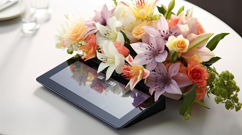 Device Tablet Table Flowers Stock Illustration - Illustration of decor ...