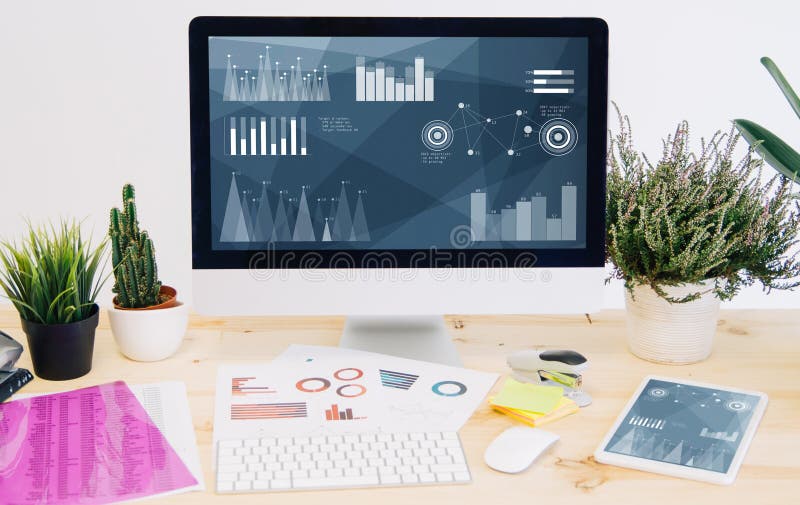 Devices with data analysis stock illustration. Illustration of business ...