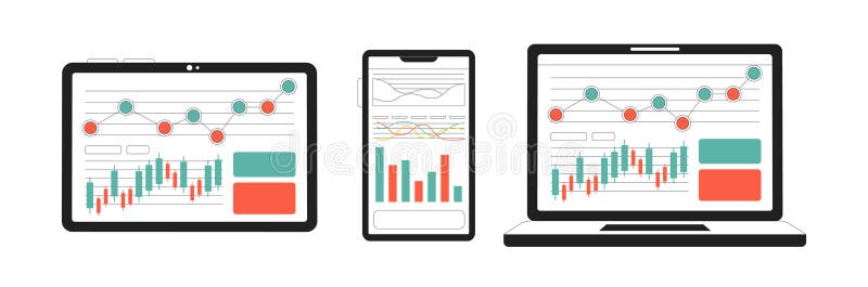 Devices with Diagrams and Charts Monochrome Flat Vector Object Stock ...