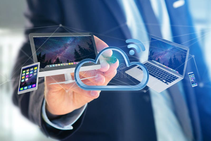 Devices Like Smartphone, Tablet or Computer Flying Over Connected Cloud ...