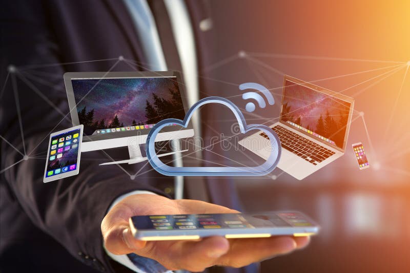 Devices Like Smartphone, Tablet or Computer Flying Over Connected Cloud ...