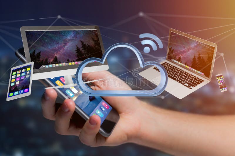 Devices Like Smartphone, Tablet or Computer Flying Over Connected Cloud ...