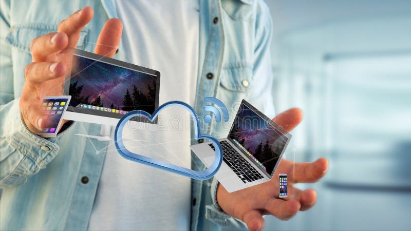 Devices Like Smartphone, Tablet or Computer Flying Over Connected Cloud ...