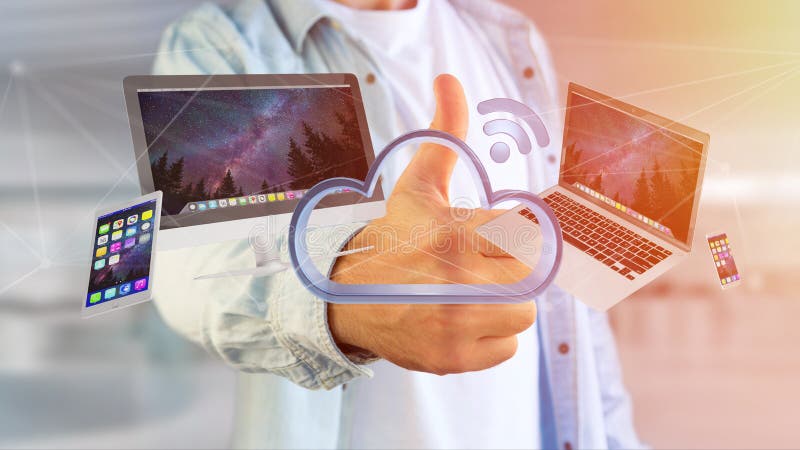 Devices Like Smartphone, Tablet or Computer Flying Over Connected Cloud ...