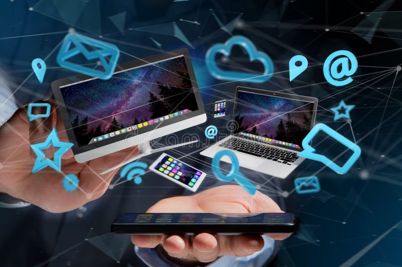 Devices Like Smartphone, Tablet or Computer Flying Over Connection ...