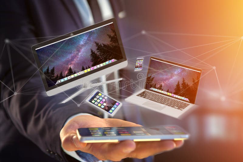 Devices Like Smartphone, Tablet or Computer Flying Over Connection ...