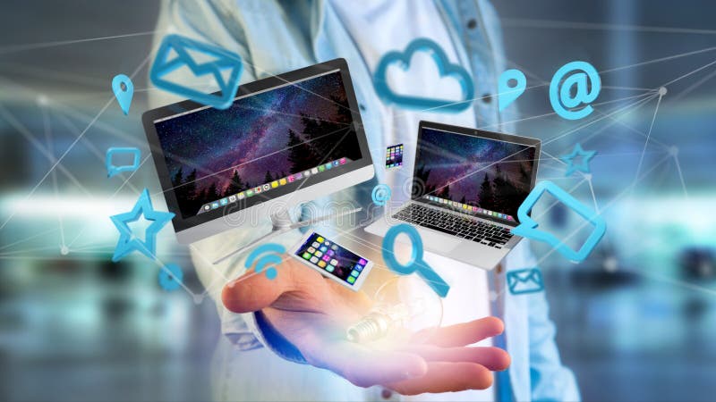 Devices Like Smartphone, Tablet or Computer Flying Over Connecti Stock ...