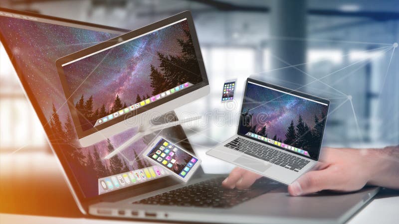 Devices Like Smartphone, Tablet or Computer Flying Over Connection ...