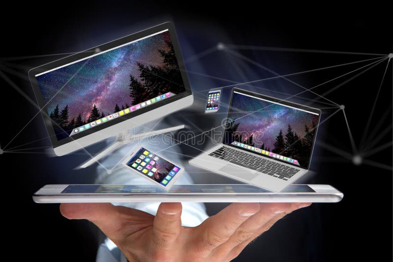 Devices Like Smartphone, Tablet or Computer Flying Over Connection ...