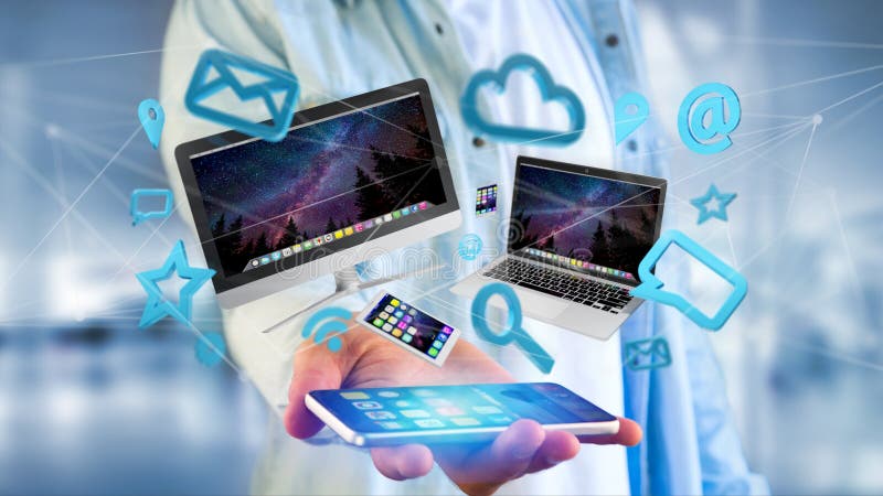 Devices Like Smartphone, Tablet or Computer Flying Over Connection ...