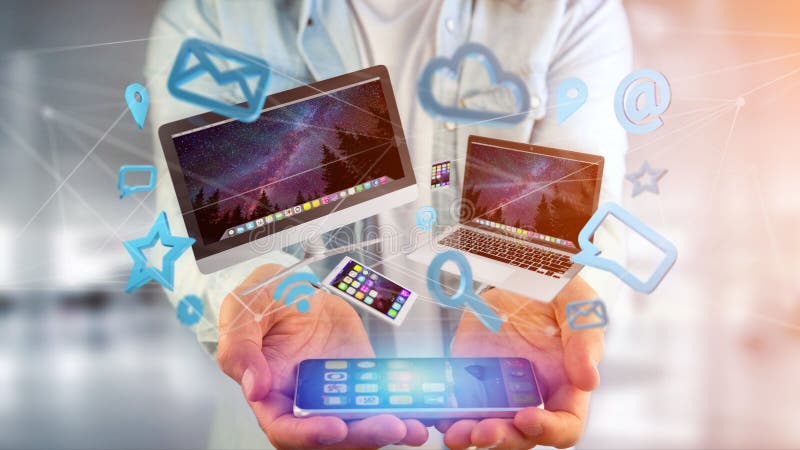 Devices Like Smartphone, Tablet or Computer Flying Over Connection ...