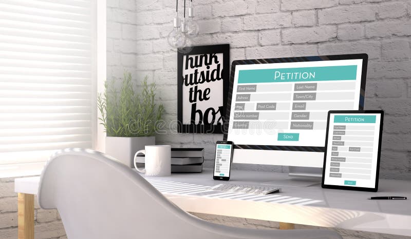 Devices with a Petition Form on the Screen on a Workplace Mockup Stock ...