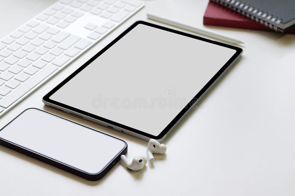 Devices on the Table with Keyboard, Tablet and Smart Mobile Phone Stock ...