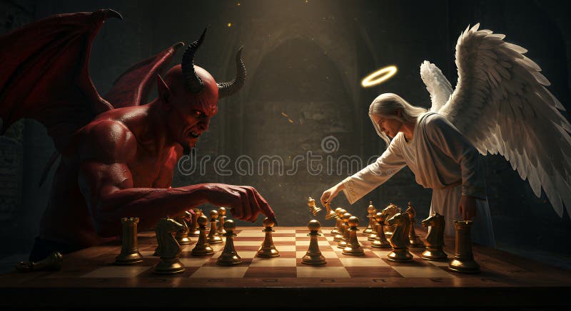 Devil and Angel Playing Chess Game in Dark, Dramatic Setting Stock Illustration - Illustration ...