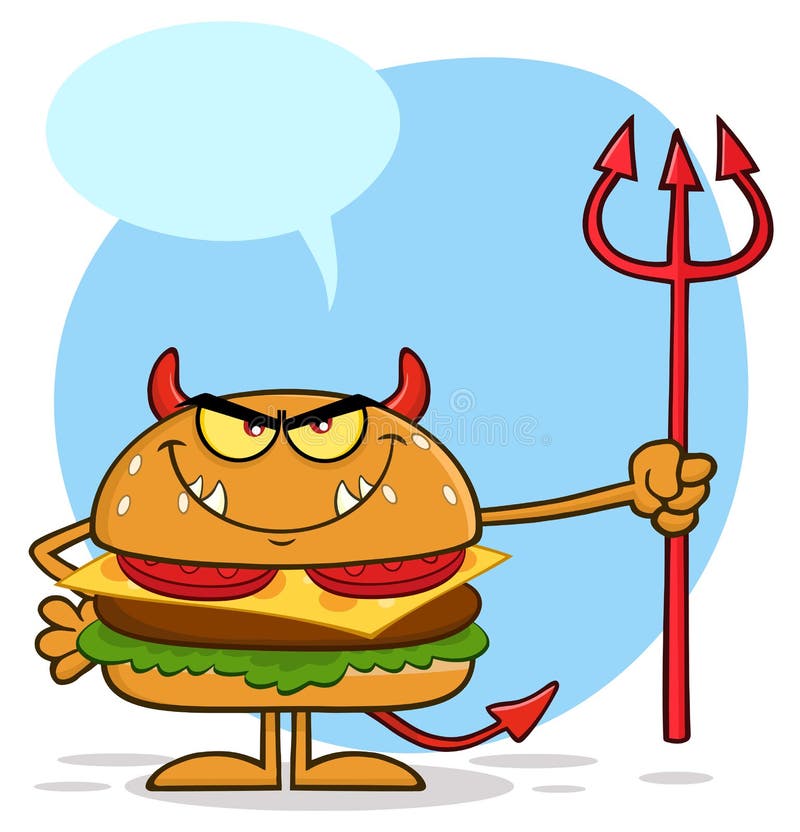 Grumpy Devil Burger Cartoon Character Holding a Trident Over Flames ...
