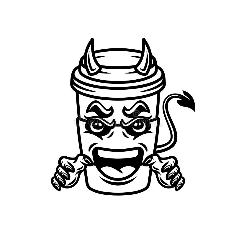Devil Coffee Paper Cup Cartoon Character Vector Illustration in Black ...
