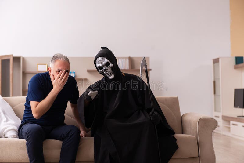 Devil Visting Old Dying Man at Home Stock Image - Image of discussing ...