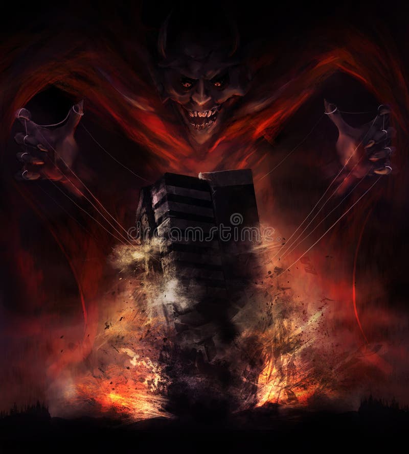 Smiling Devil Destructs Building. Stock Illustration - Illustration of ...